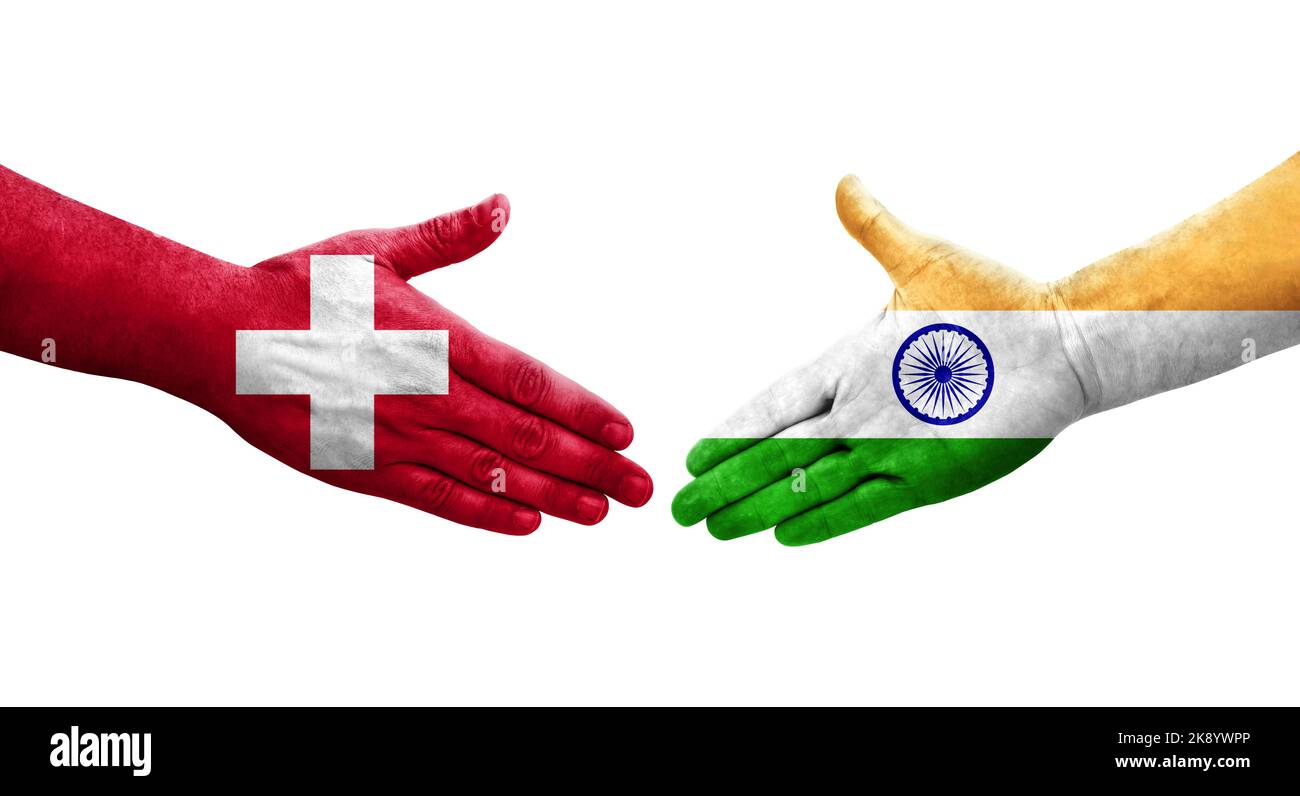 Handshake between Switzerland and India flags painted on hands ...