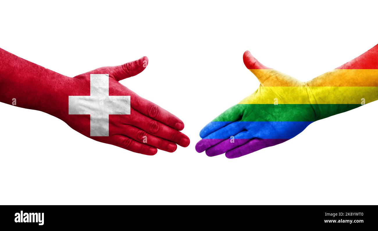 Handshake between Switzerland and LGBT flags painted on hands, isolated ...