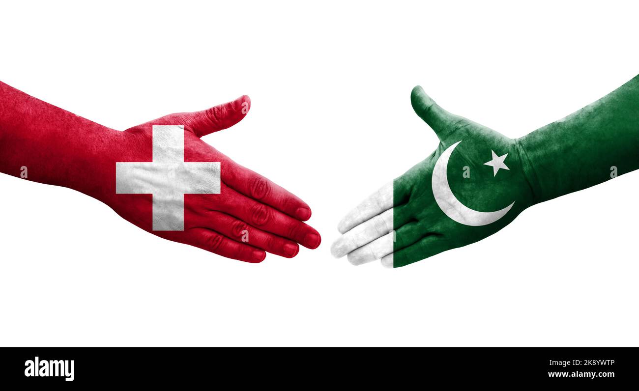 Handshake between Switzerland and Pakistan flags painted on hands ...