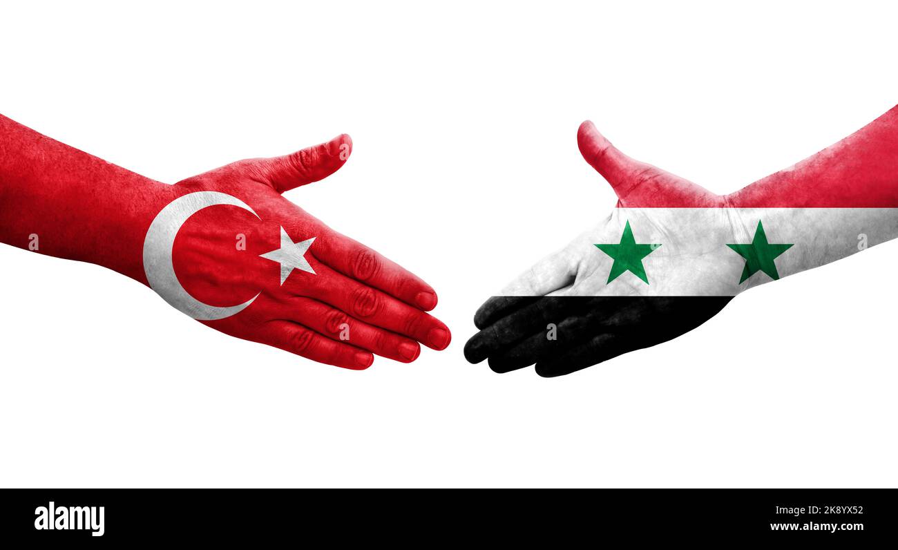 Handshake between Syria and Turkey flags painted on hands, isolated ...
