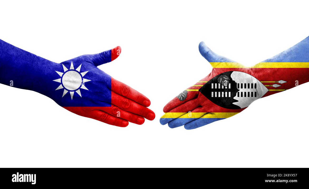 Handshake between Taiwan and Eswatini flags painted on hands, isolated ...