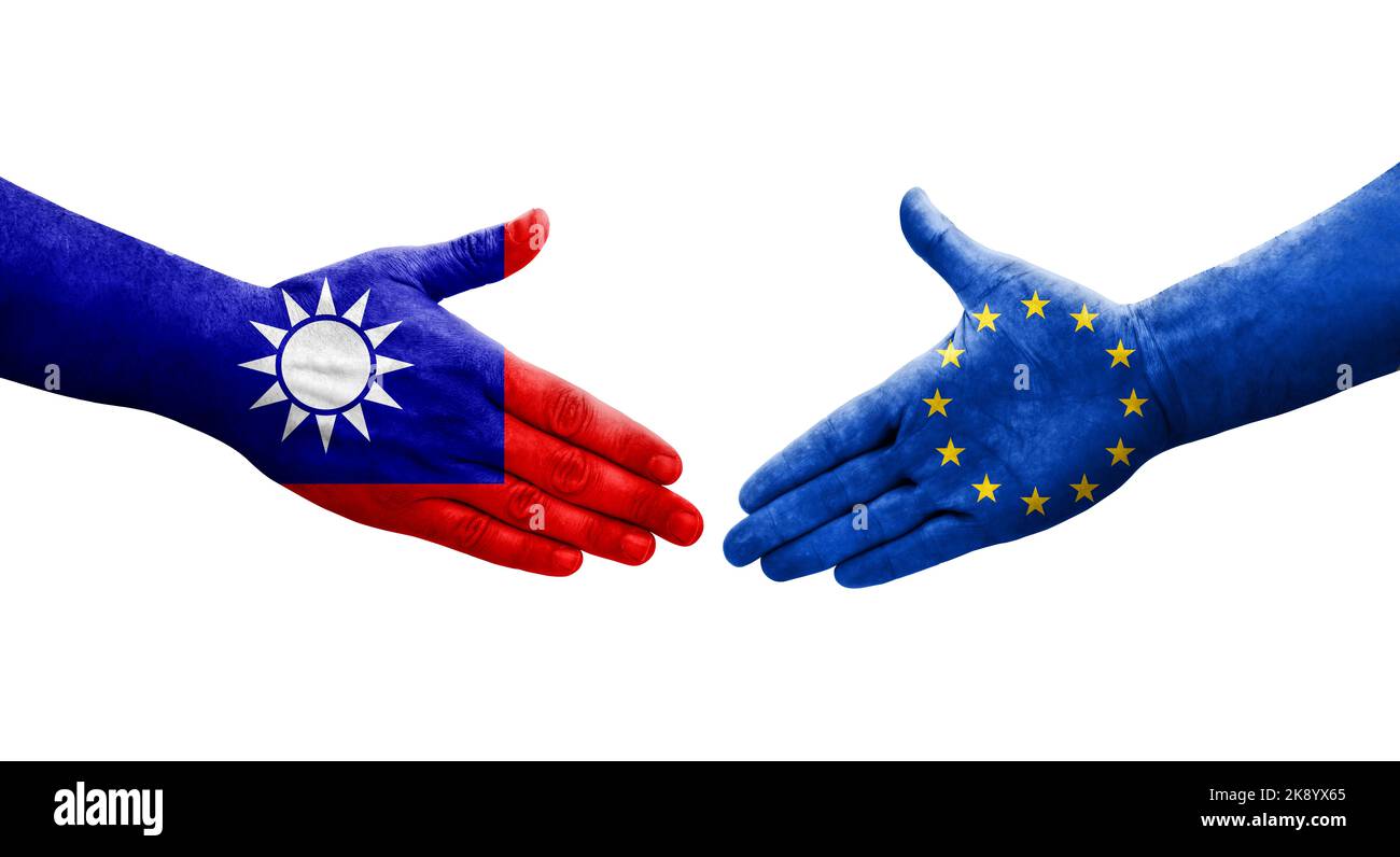 Handshake between Taiwan and European Union flags painted on hands ...