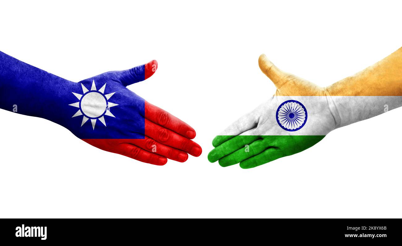 Handshake between Taiwan and India flags painted on hands, isolated ...