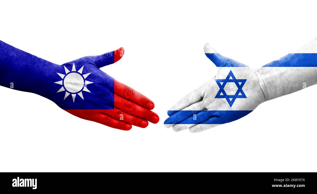Handshake between Taiwan and Israel flags painted on hands, isolated ...