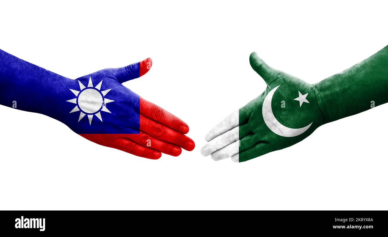 Handshake between Taiwan and Pakistan flags painted on hands, isolated ...