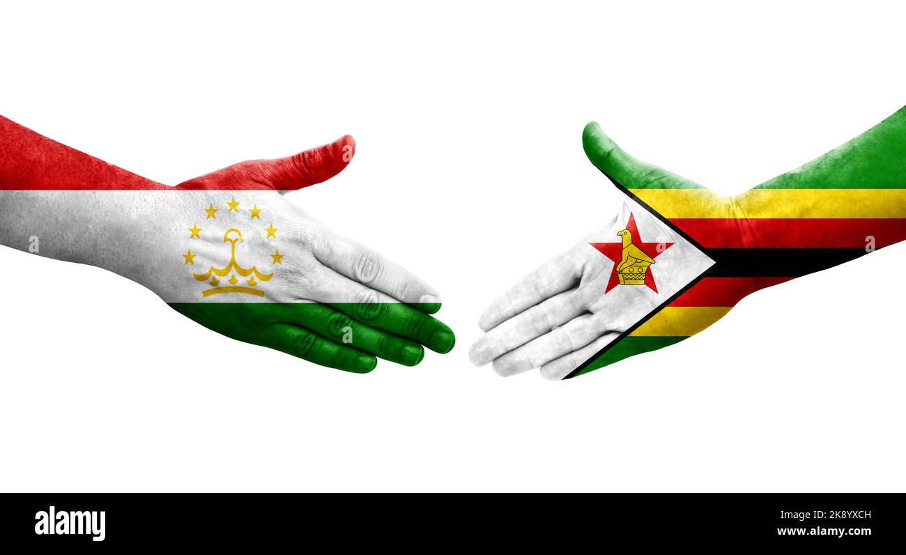 Handshake between Tajikistan and Zimbabwe flags painted on hands ...