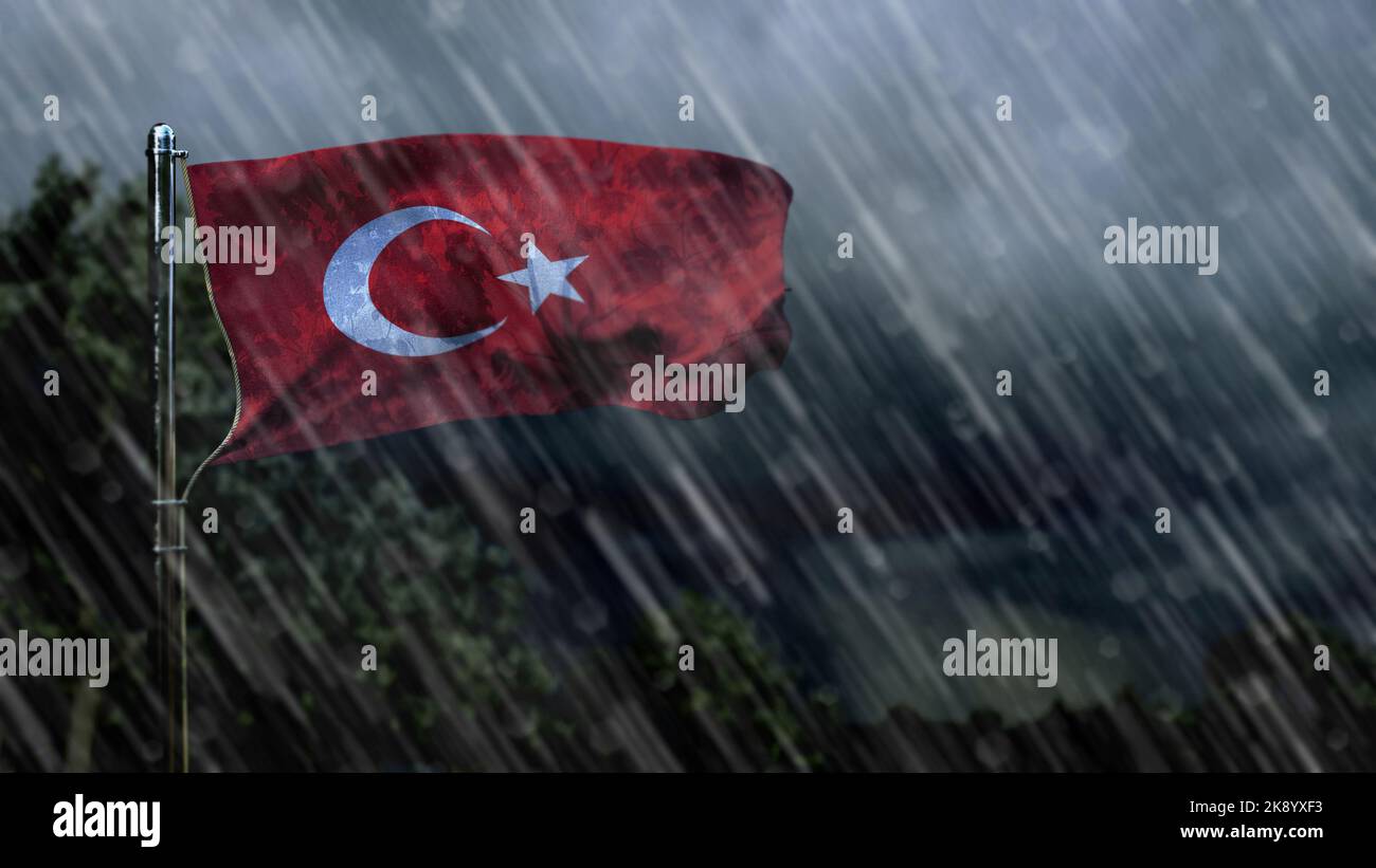 flag of Turkey with rain and dark clouds, weather forecast symbol ...