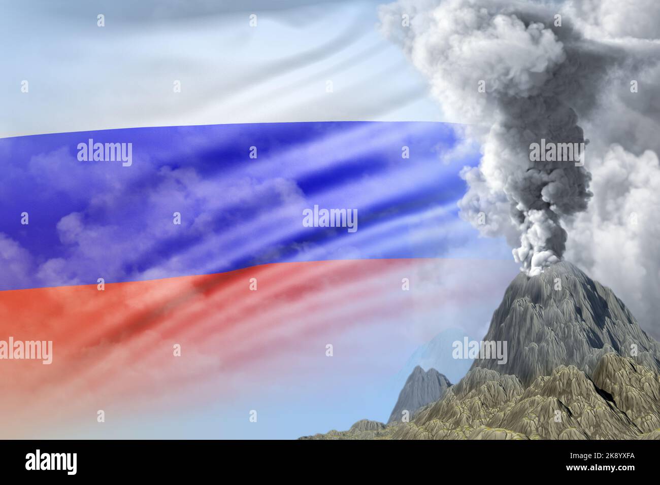 volcano blast eruption at day time with white smoke on Russia flag ...