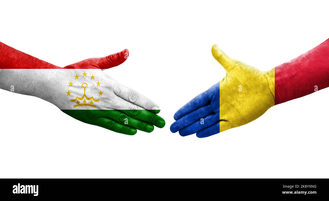 Handshake between Tajikistan and Romania flags painted on hands ...