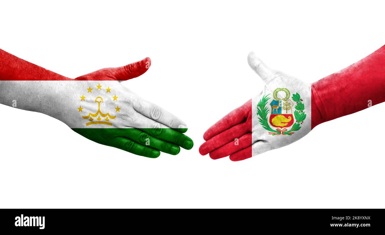 Handshake between Tajikistan and Peru flags painted on hands, isolated ...