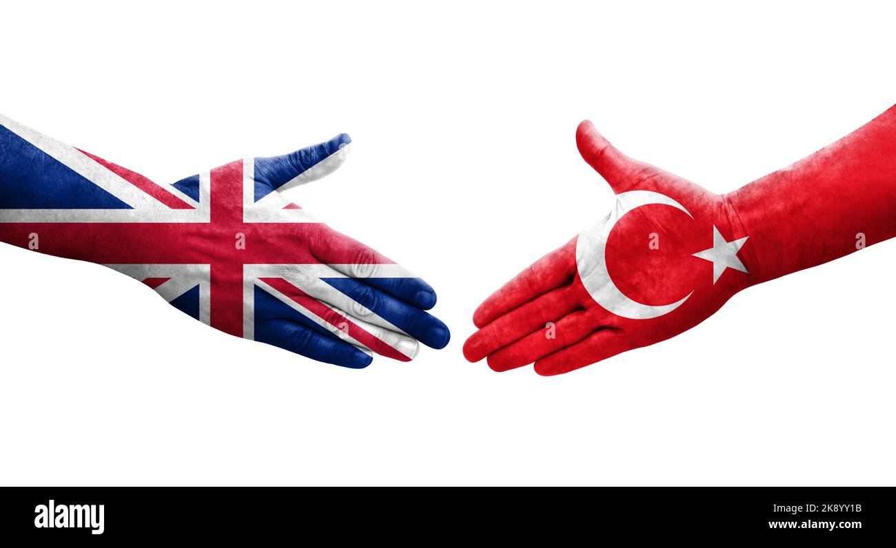 Handshake between Turkey and United Kingdom flags painted on hands ...