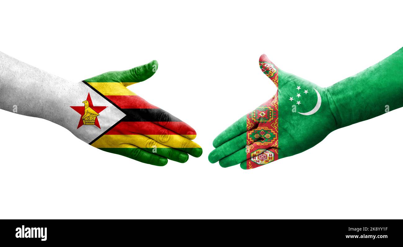 Handshake between Turkmenistan and Zimbabwe flags painted on hands ...