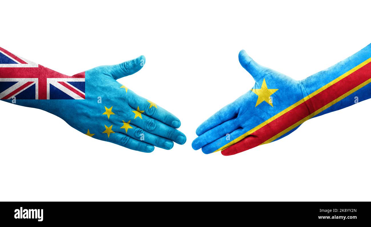 Handshake between Tuvalu and Dr Congo flags painted on hands, isolated ...