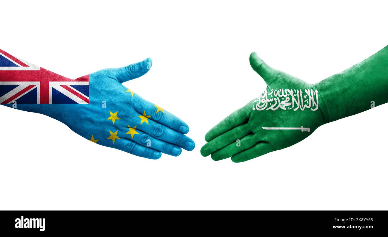 Handshake between Tuvalu and Saudi Arabia flags painted on hands ...