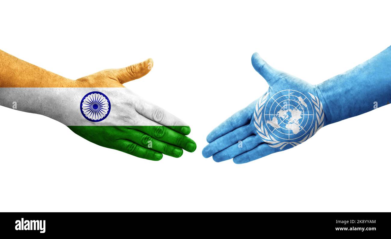 Handshake between United Nations and India flags painted on hands ...