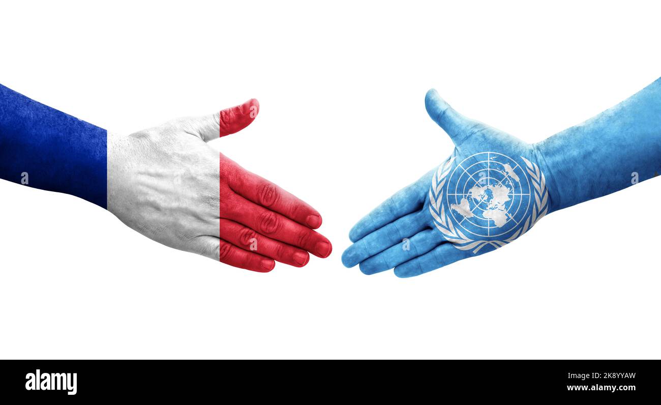 Handshake between United Nations and France flags painted on hands ...