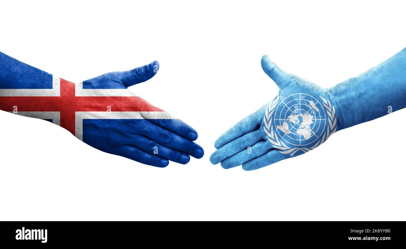 Handshake between United Nations and Iceland flags painted on hands ...