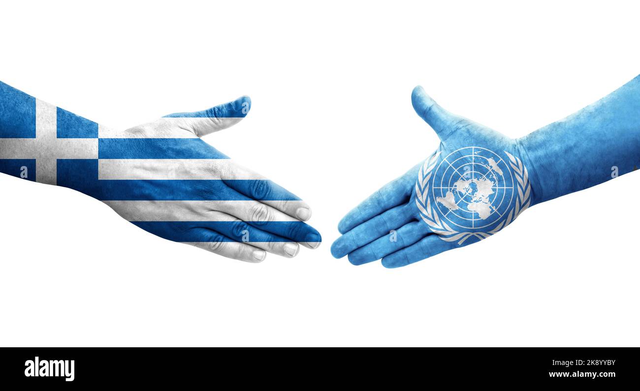 Handshake between United Nations and Greece flags painted on hands ...