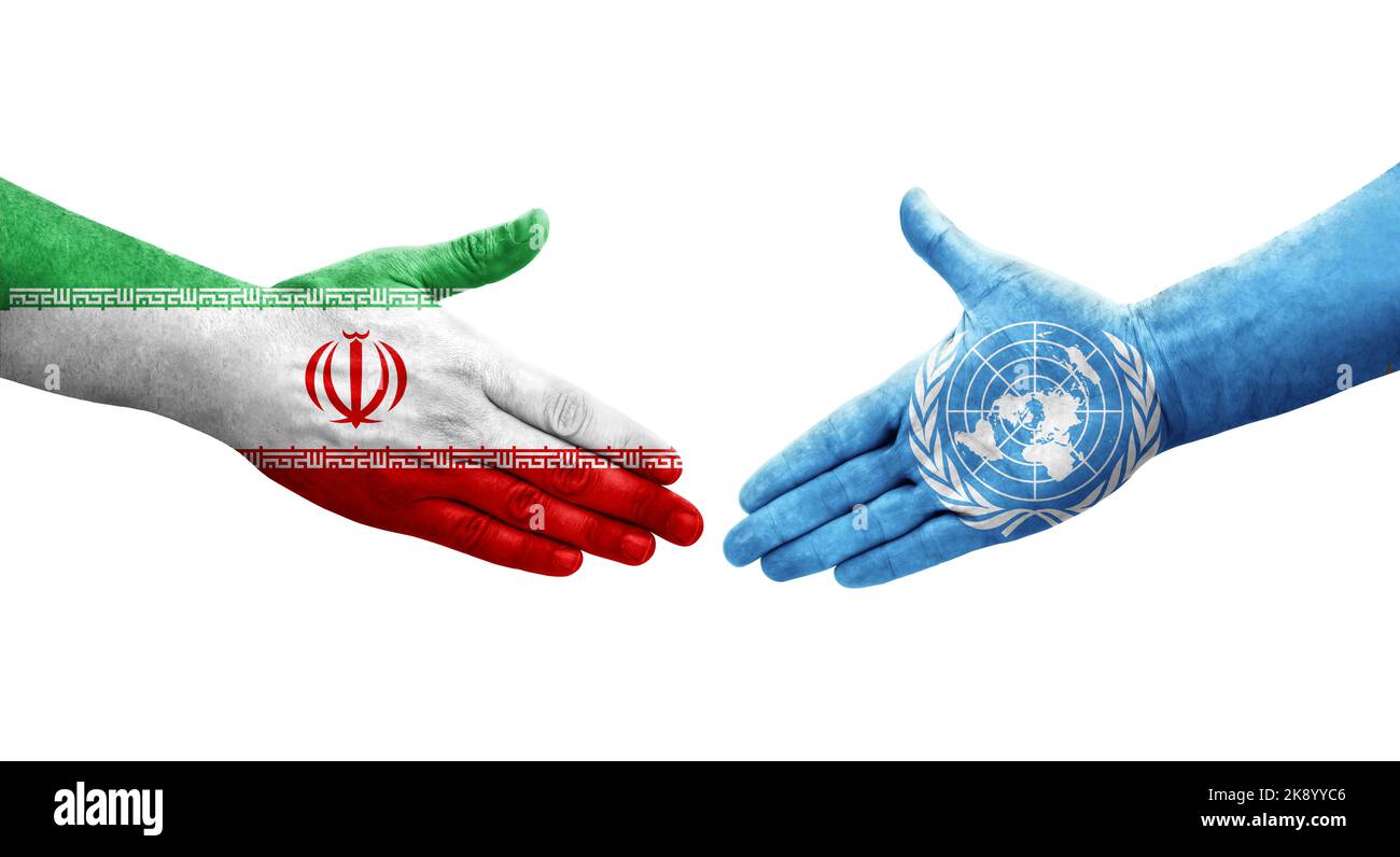 Handshake between United Nations and Iran flags painted on hands ...