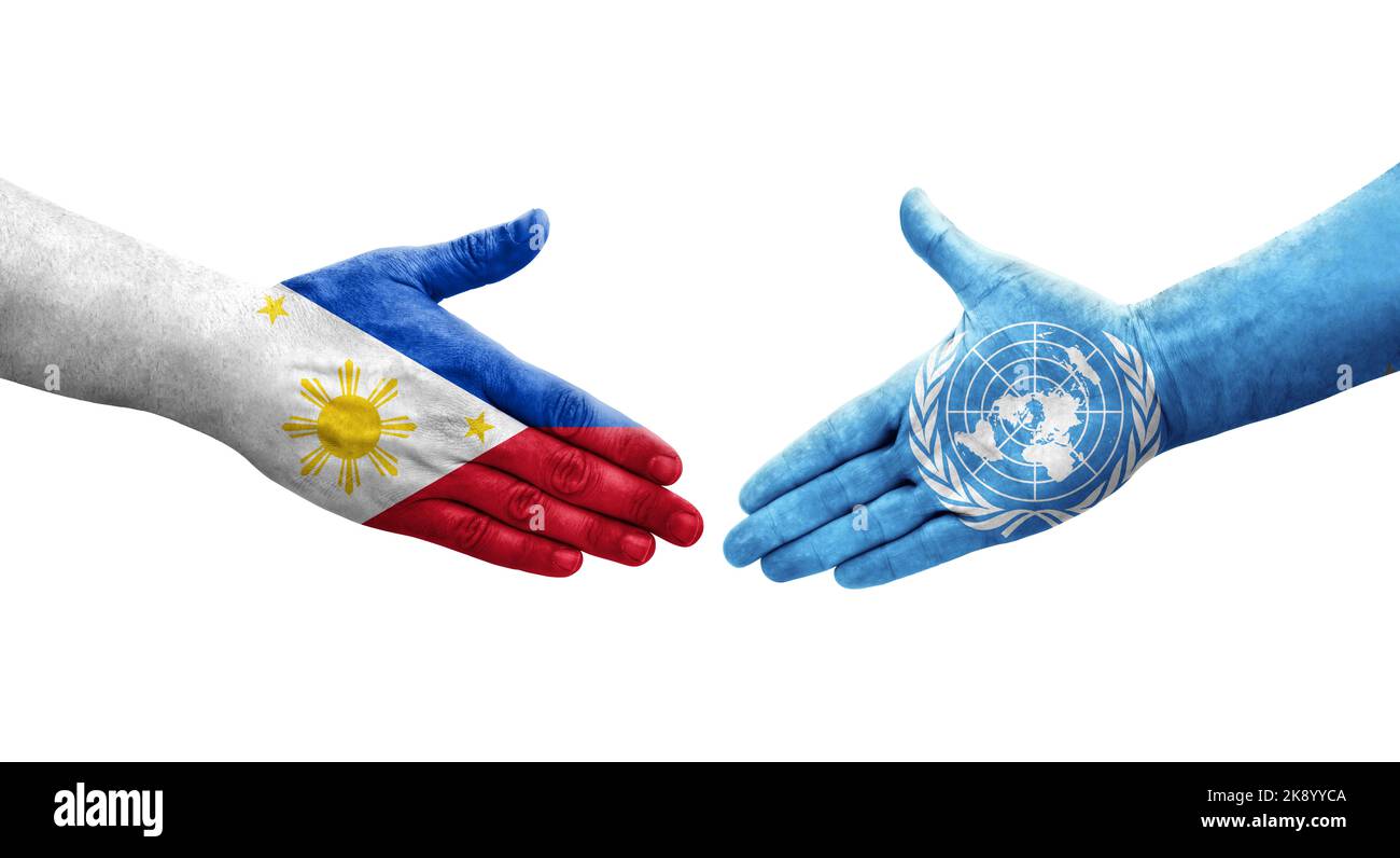 Handshake between United Nations and Philippines flags painted on hands ...