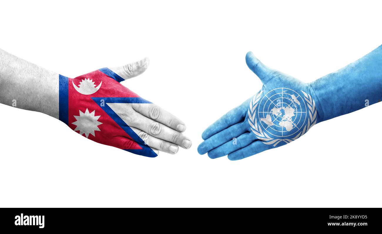 Handshake between United Nations and Nepal flags painted on hands ...