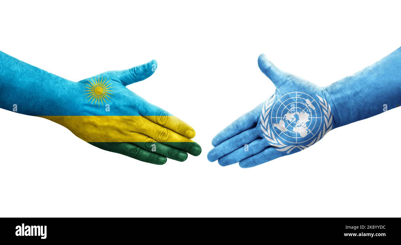 Handshake between United Nations and Rwanda flags painted on hands ...