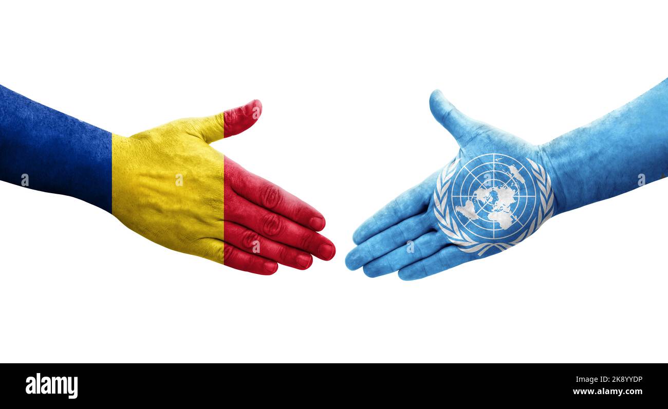 Handshake between United Nations and Romania flags painted on hands ...
