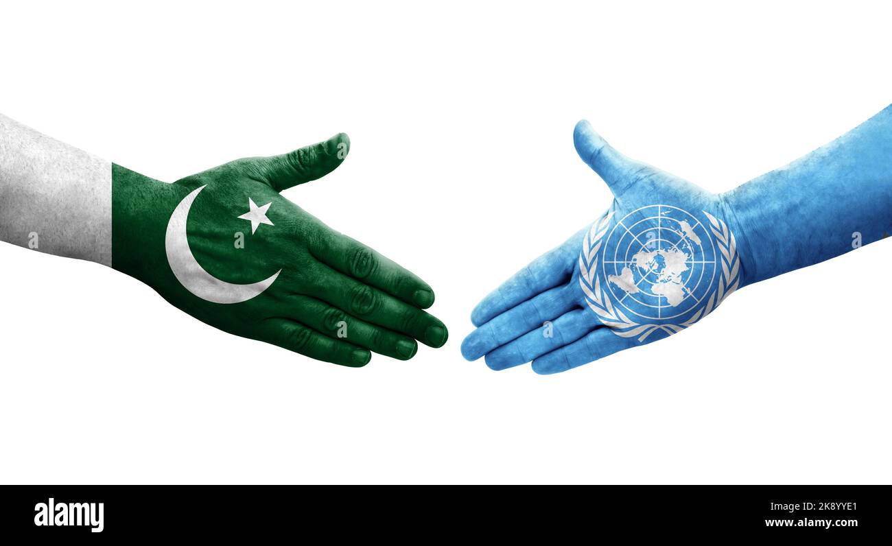 Handshake between United Nations and Pakistan flags painted on hands ...