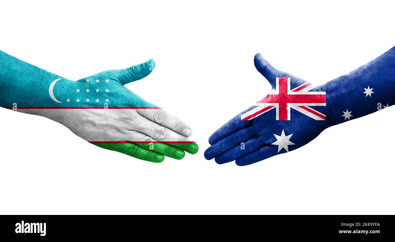 Handshake between Uzbekistan and Australia flags painted on hands ...