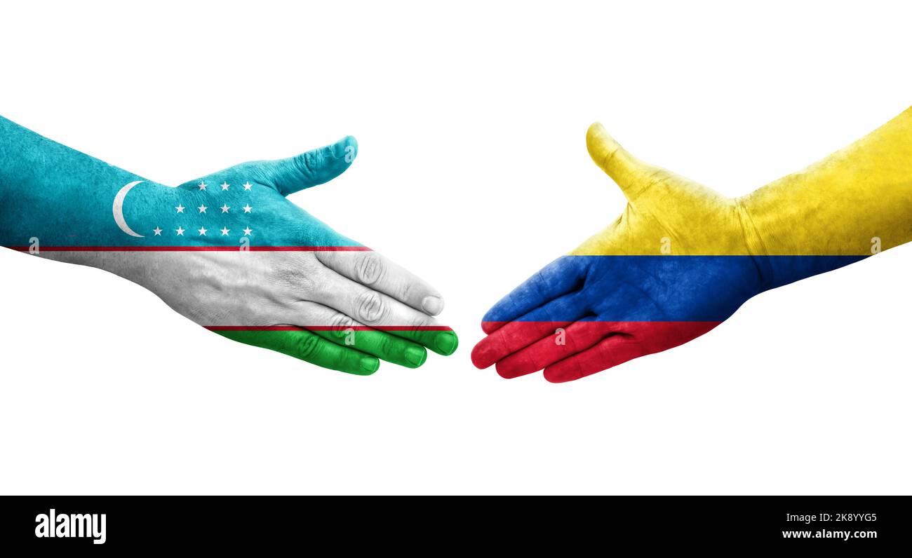 Handshake between Uzbekistan and Colombia flags painted on hands ...