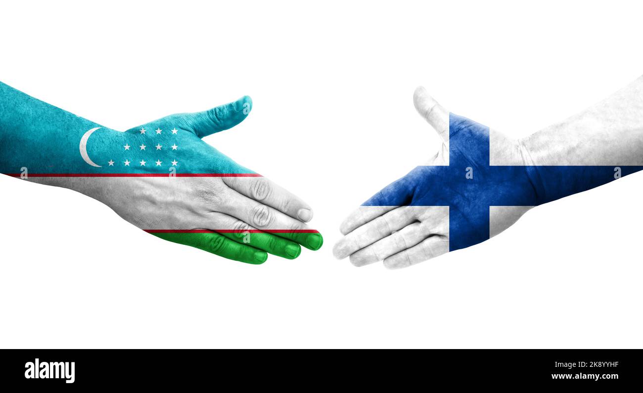 Handshake between Uzbekistan and Finland flags painted on hands ...