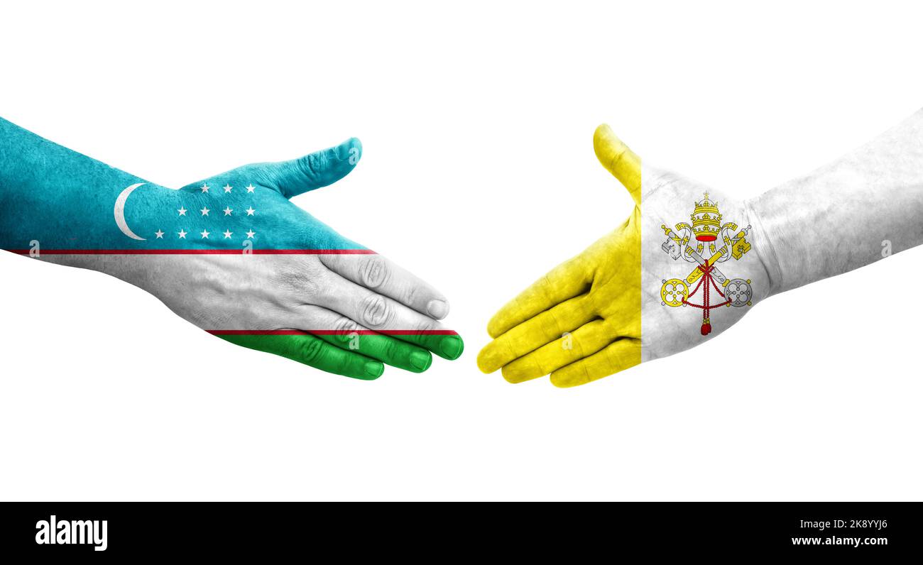Handshake between Uzbekistan and Holy See flags painted on hands ...