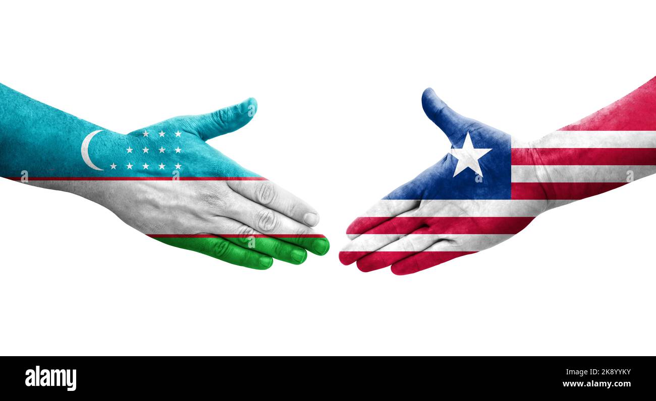 Handshake between Uzbekistan and Liberia flags painted on hands ...