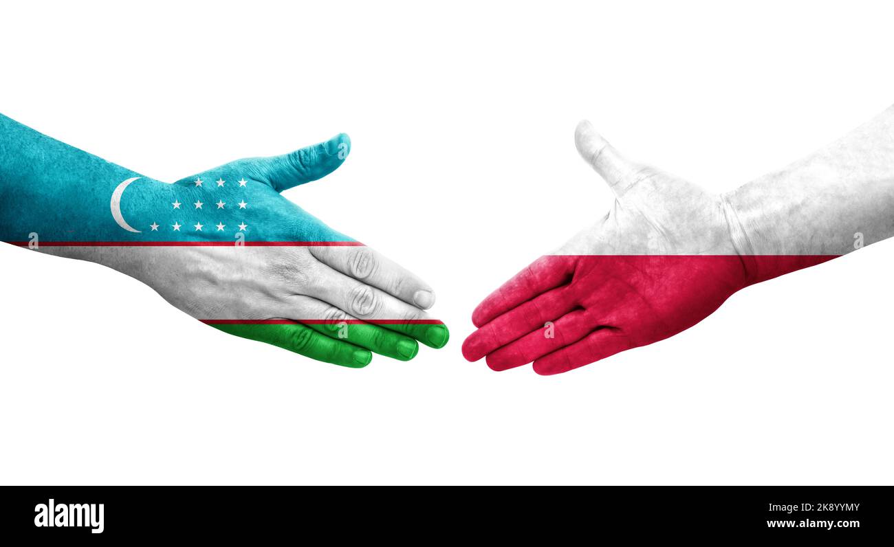 Handshake between Uzbekistan and Poland flags painted on hands ...
