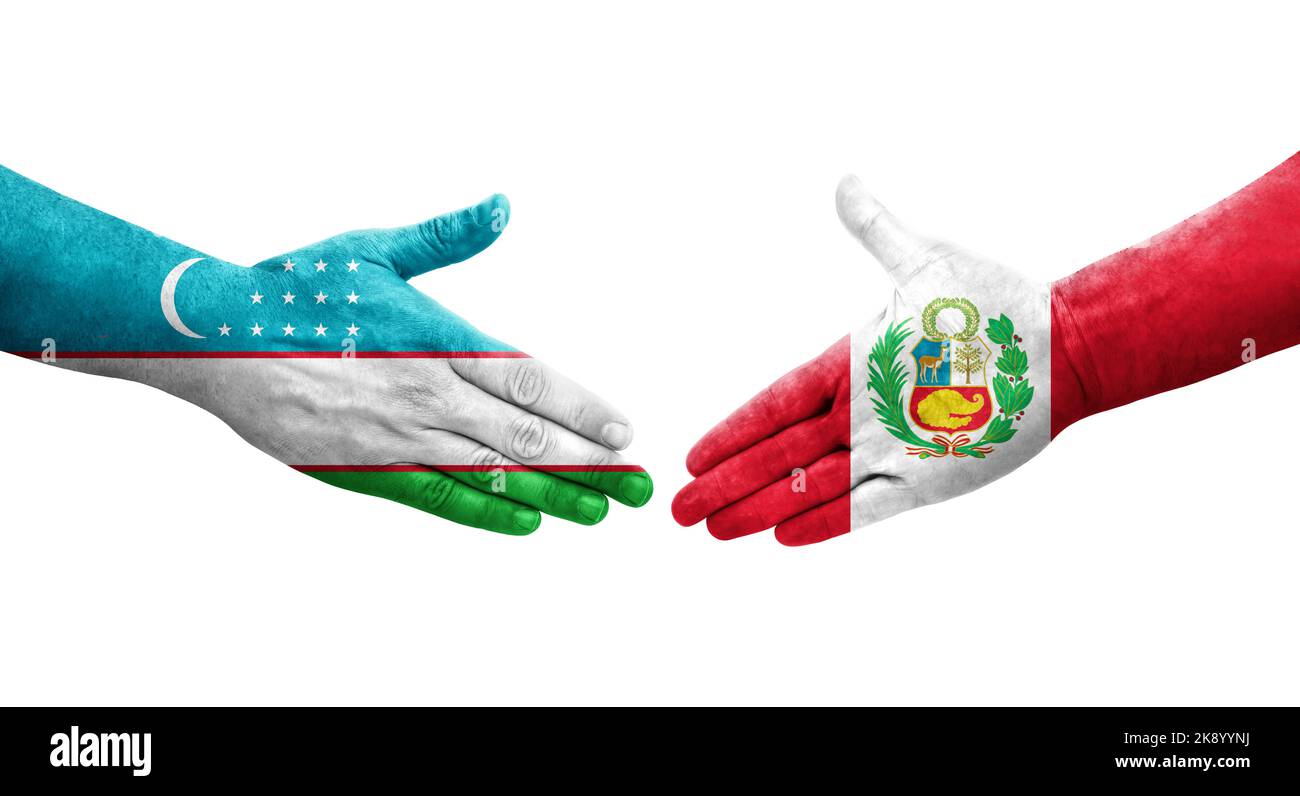 Handshake between Uzbekistan and Peru flags painted on hands, isolated ...