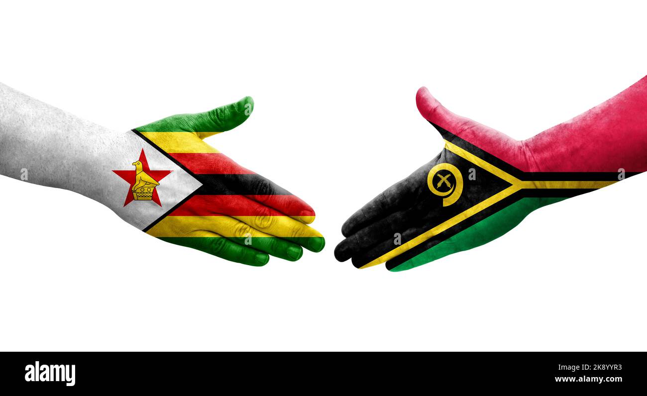 Handshake between Vanuatu and Zimbabwe flags painted on hands, isolated ...