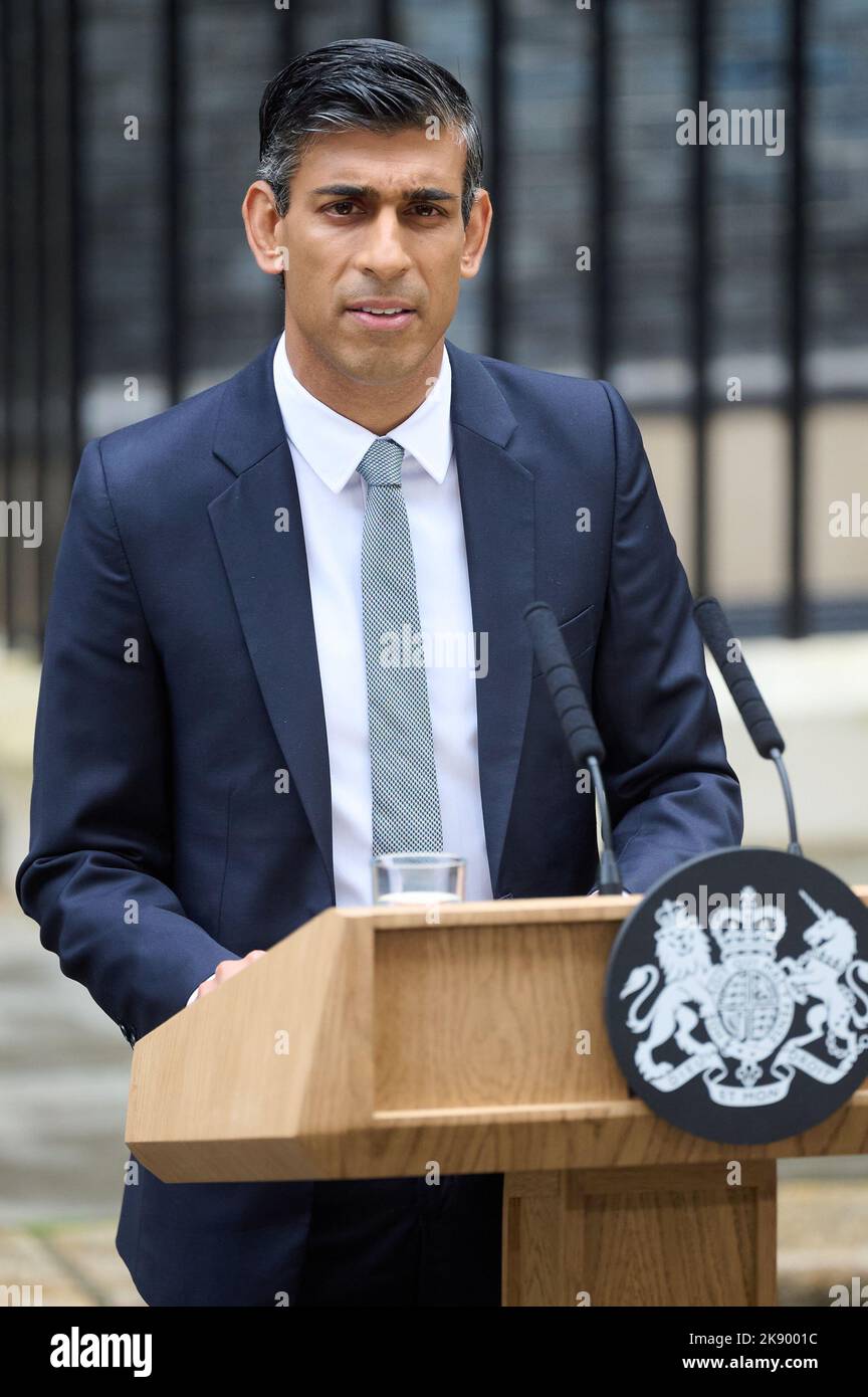 London, UK . 25 October, 2022 . Rishi Sunak giving his first speech in ...