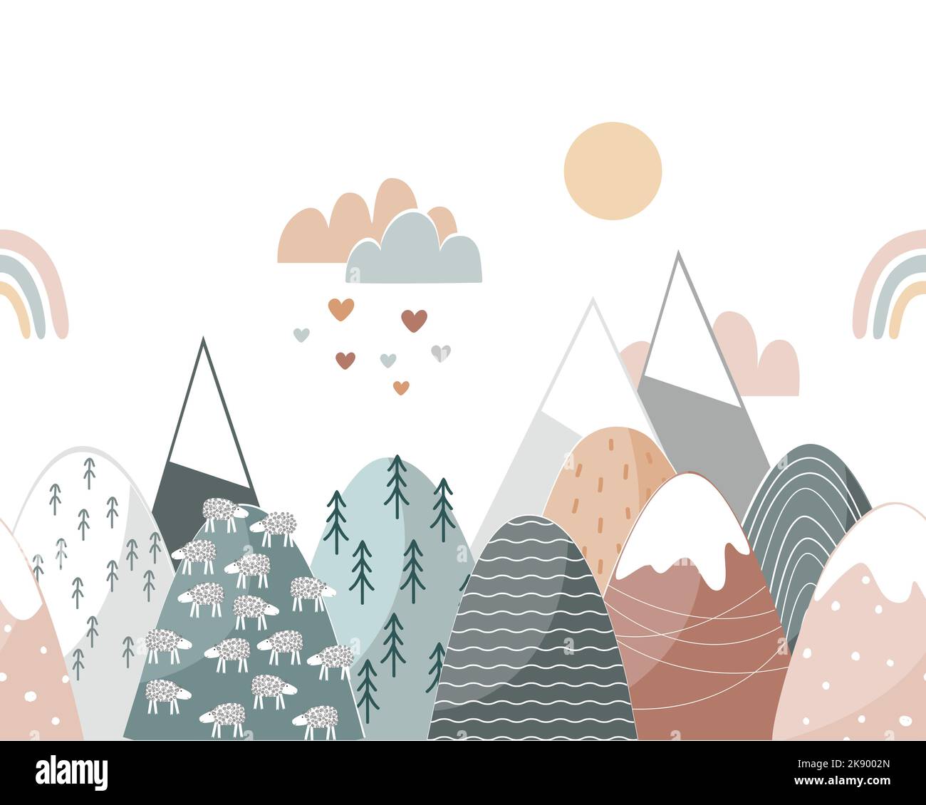 Cute seamless border pattern with doodle hand drawn mountains and ...