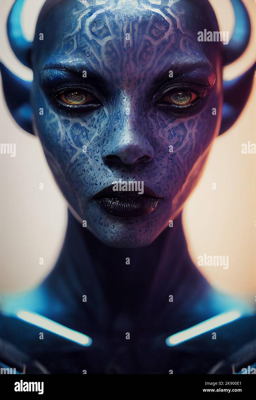 A vertical hyper-realistic illustration of a graceful blue alien Stock ...