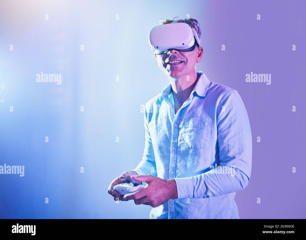 VR, metaverse and man gaming in a neon room, happy with creative ...