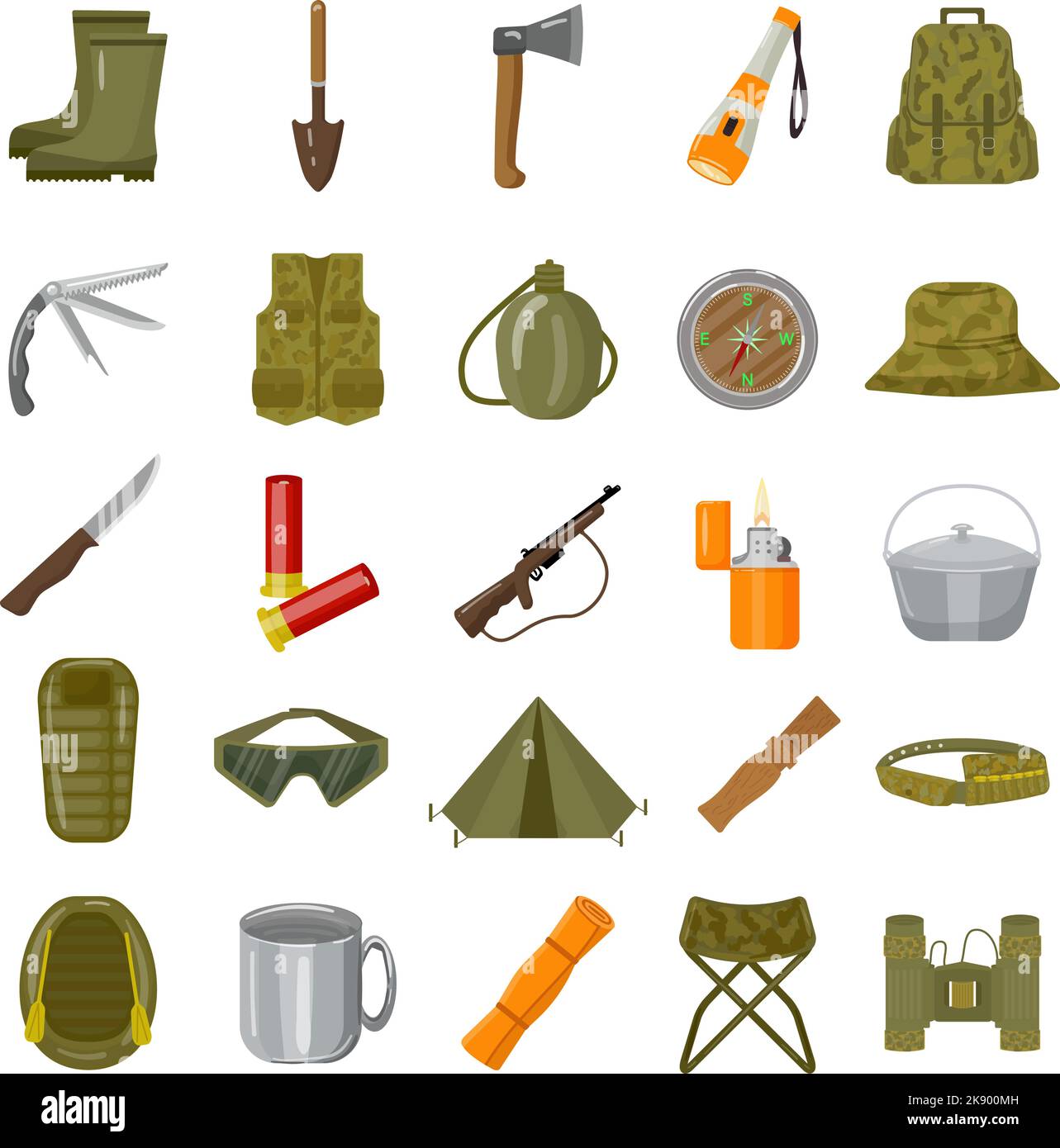 Hunting equipment icons set cartoon vector. Fishing camping. Adventure ...