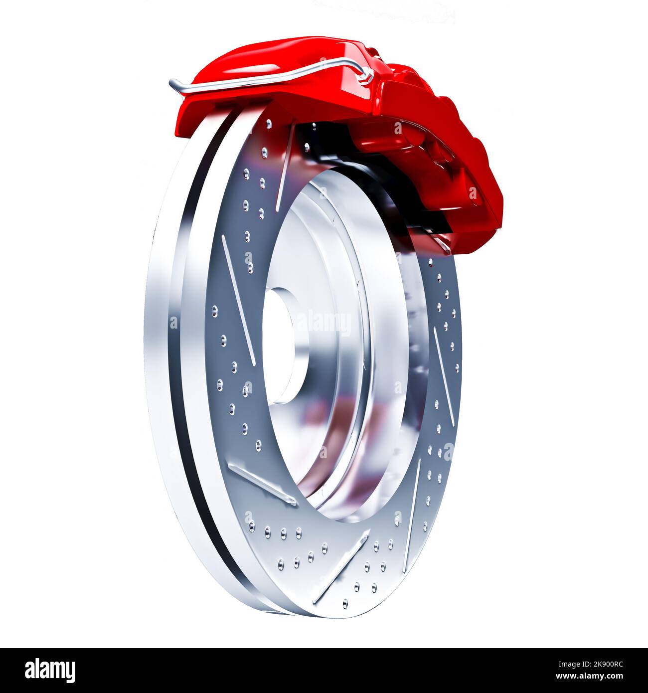 Automobile braking system. Steel brake disk with perforation and red ...