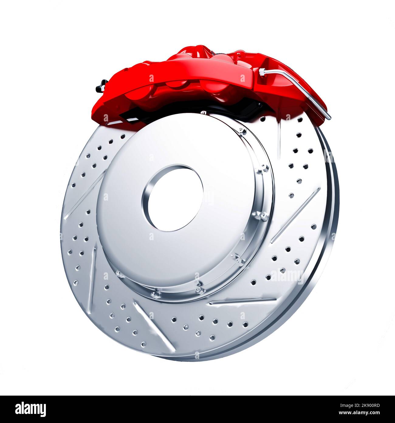 Automobile braking system. Steel brake disk with perforation and red ...