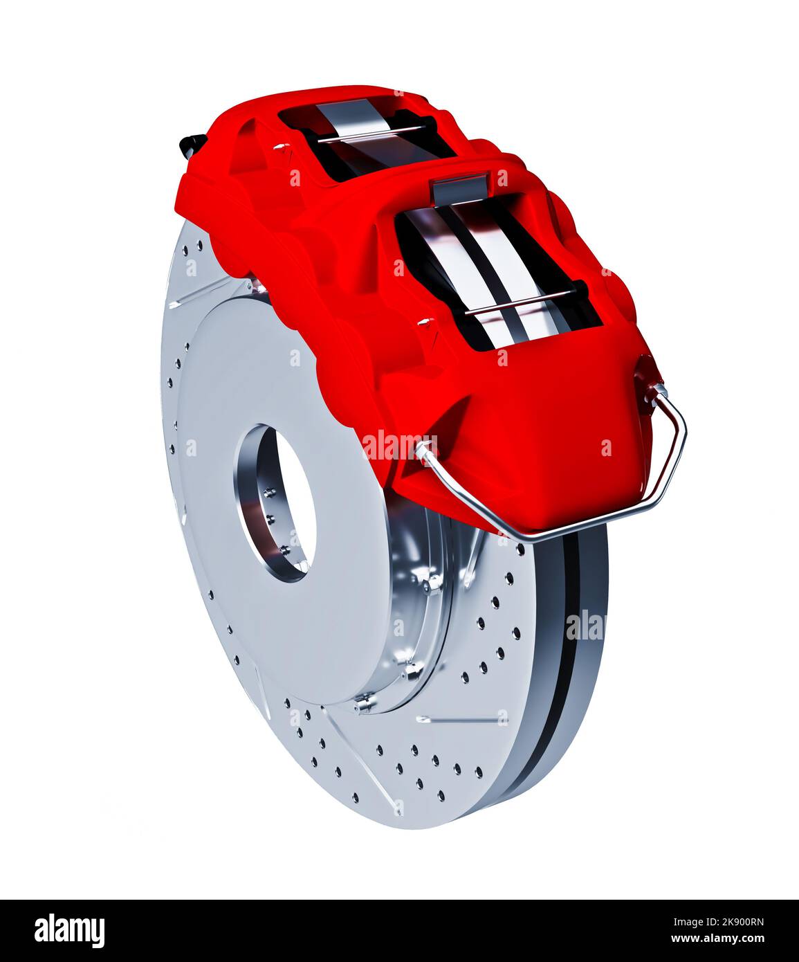Automobile braking system. Steel brake disk with perforation and red ...