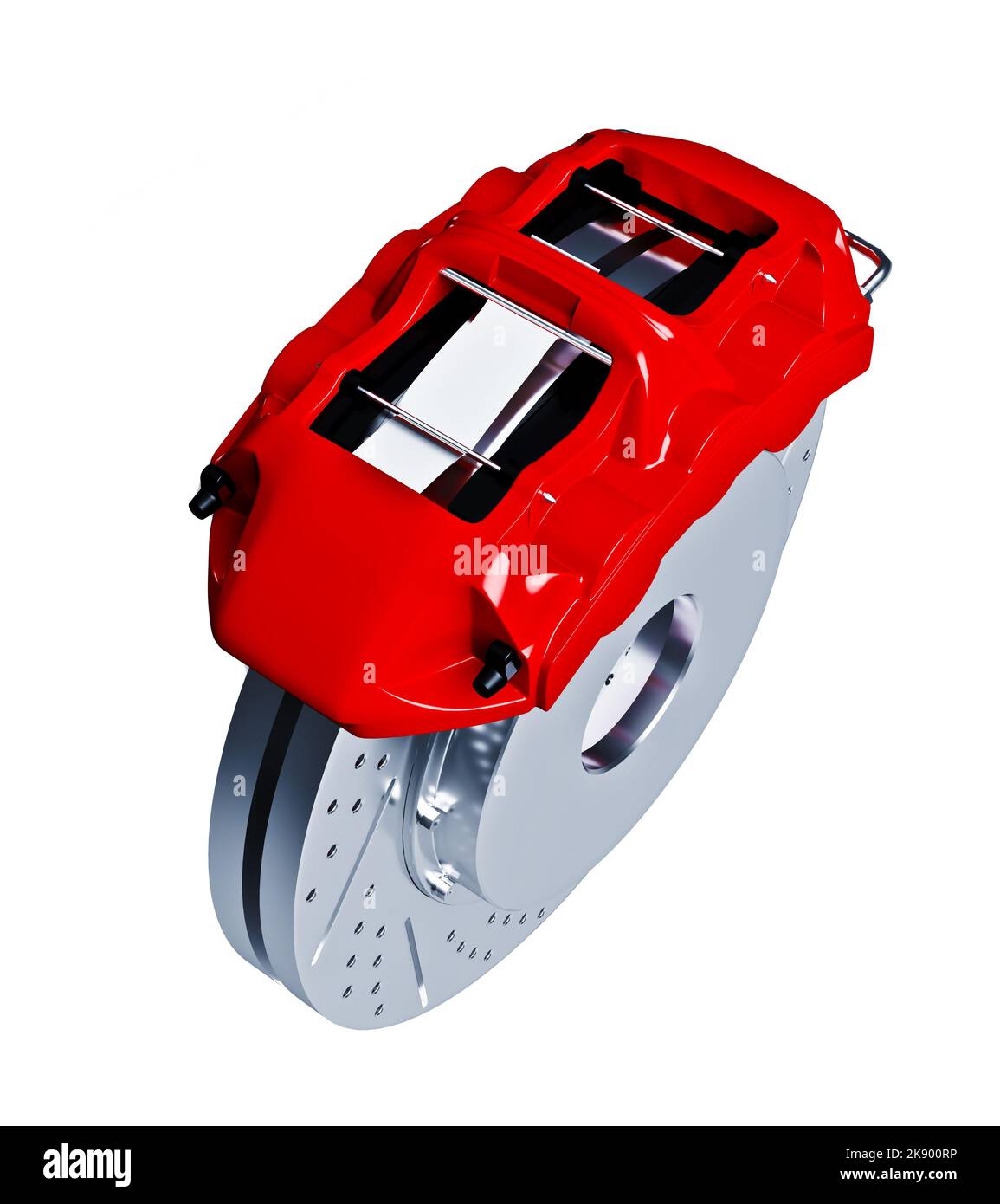 Automobile braking system. Steel brake disk with perforation and red ...