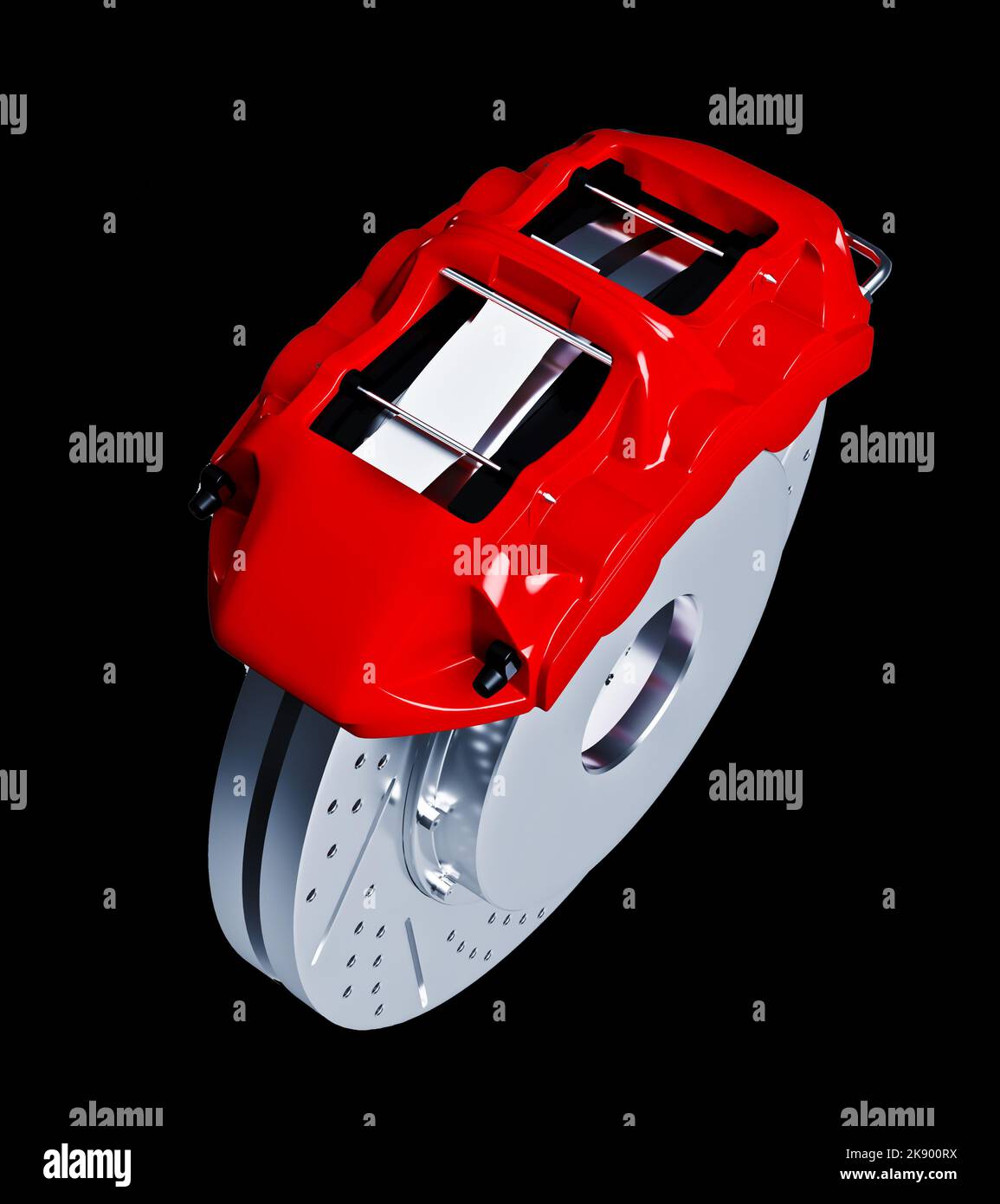 Automobile braking system. Steel brake disk with perforation and red ...