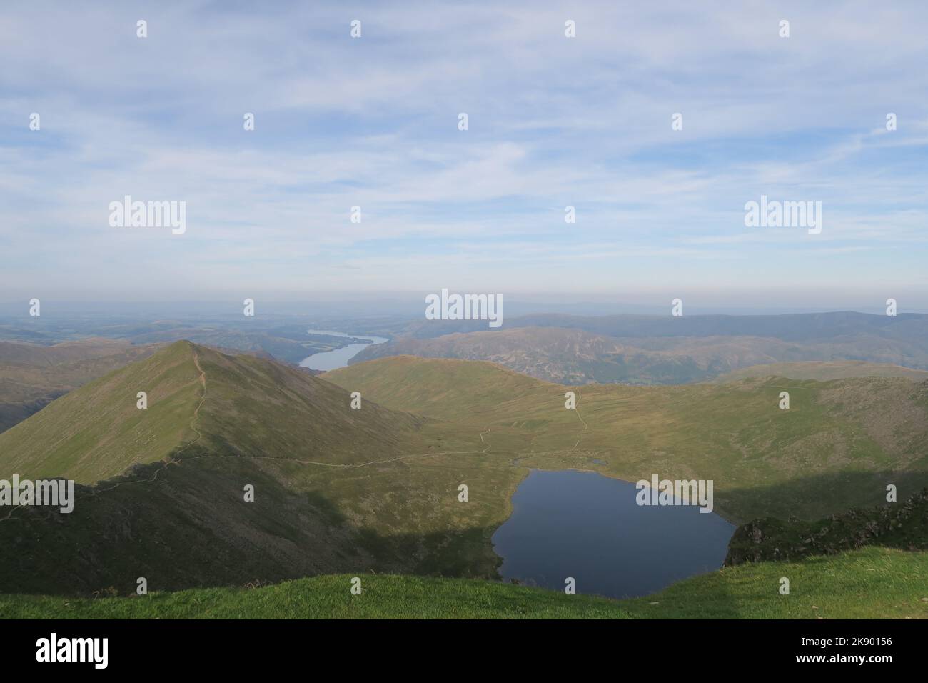 An aerial view from Helvellyn looking at the Ullswater Rim Stock Photo ...