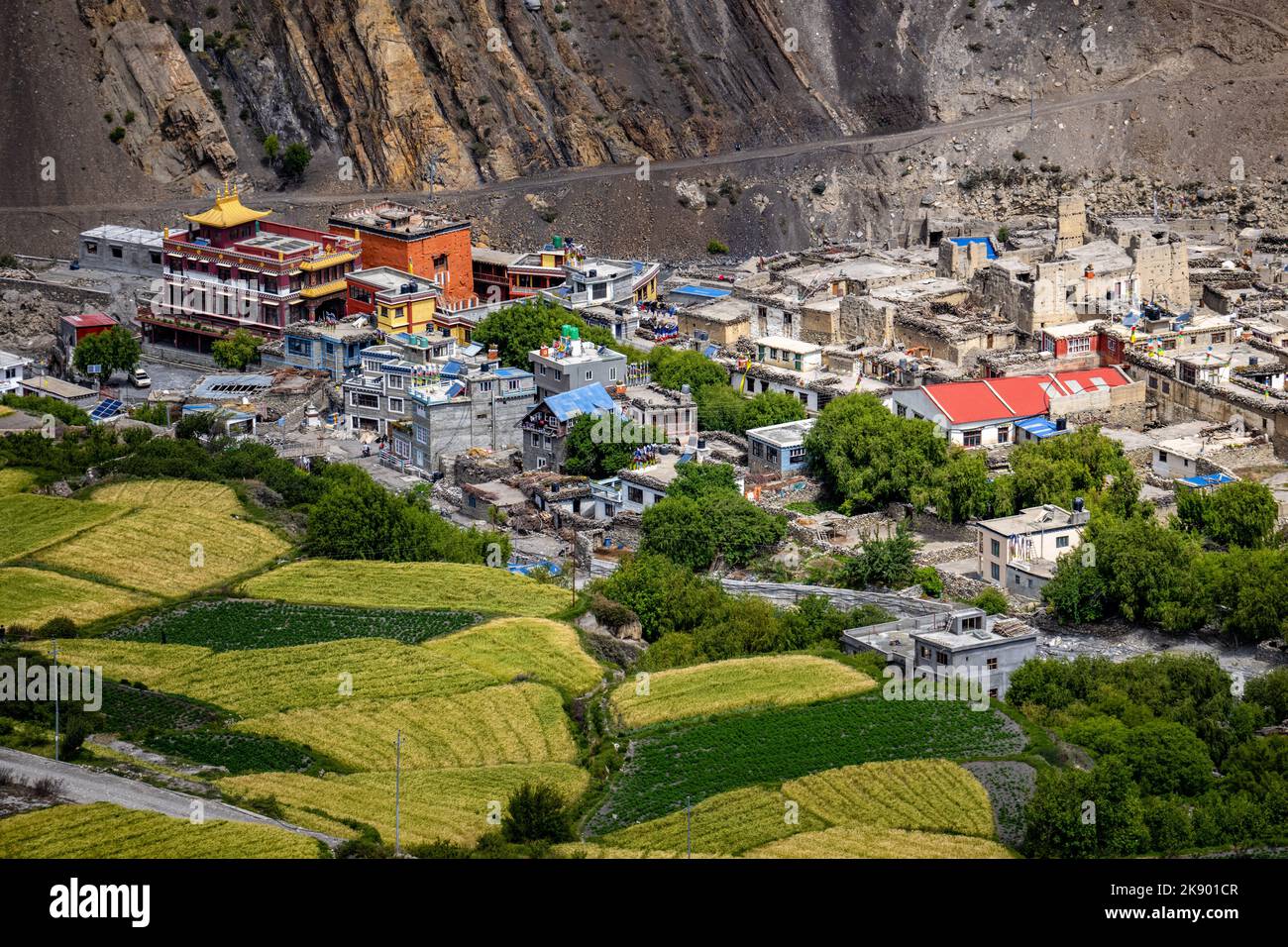 The view of the small village with green fields. Kagbeni, Nepal, South ...