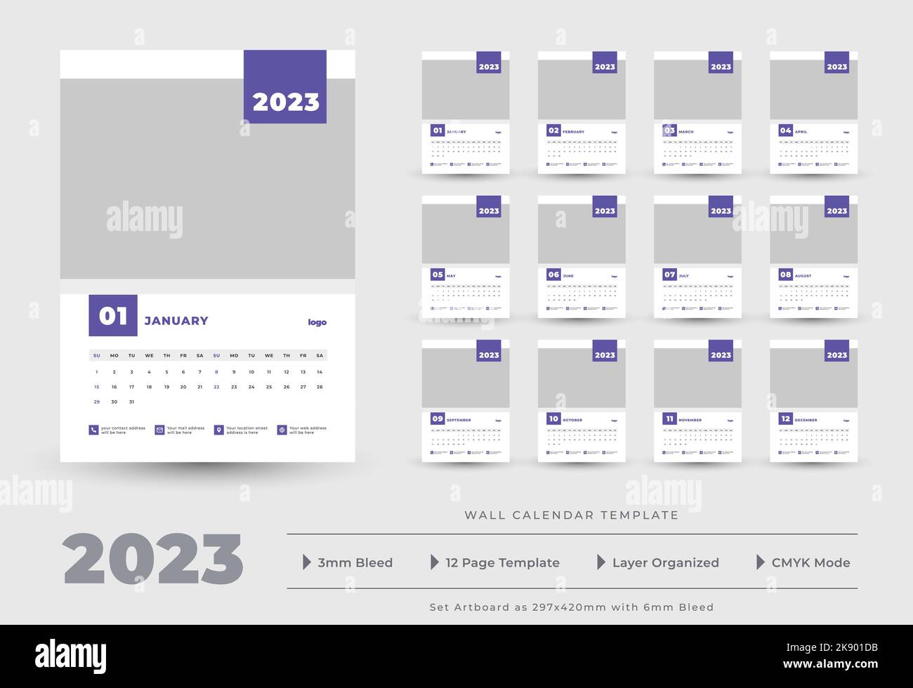 A 2023 wall calendar of 12 page template with a copy space designed in ...