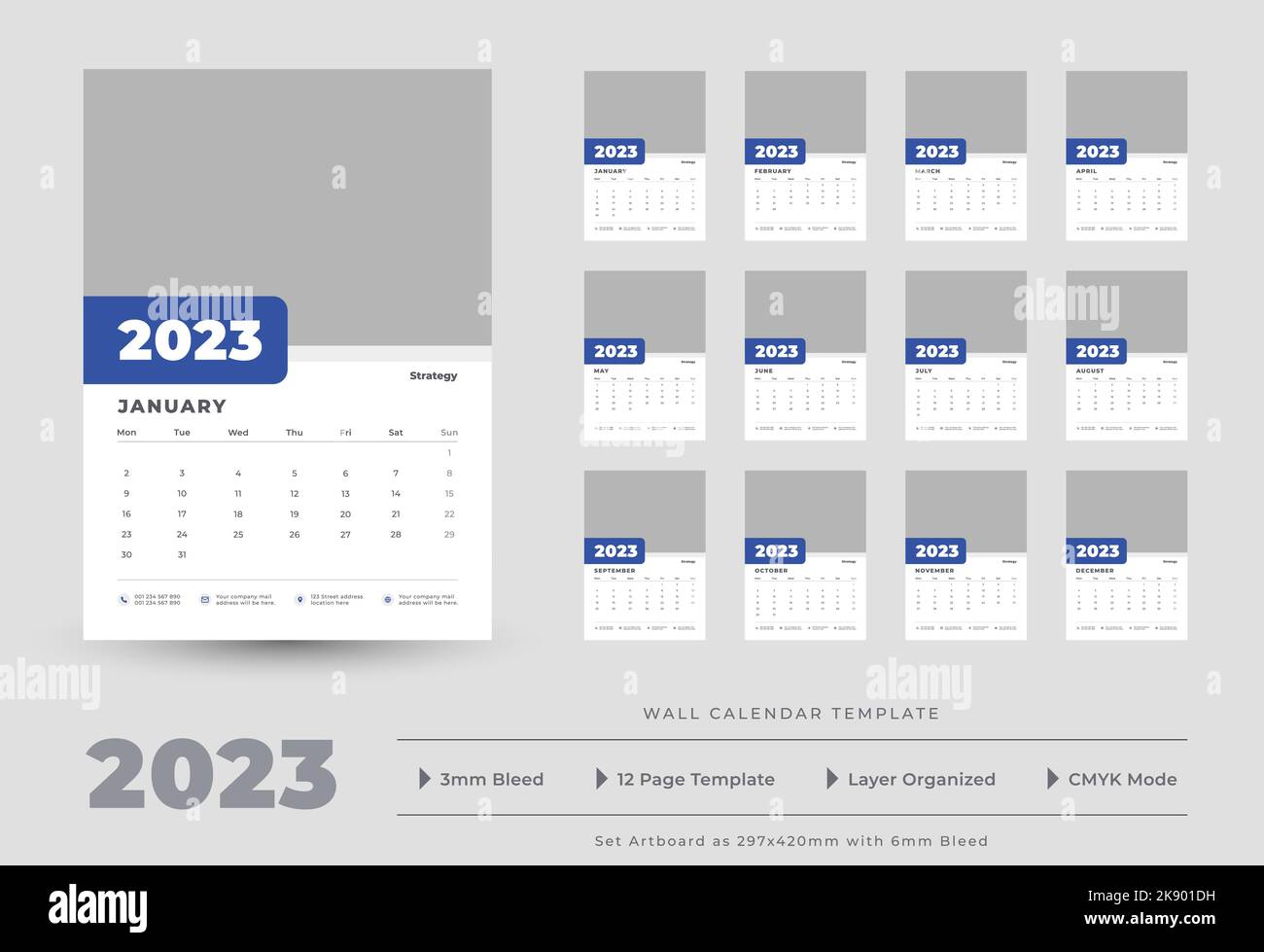 A 2023 wall calendar of 12 page template with a copy space designed in ...